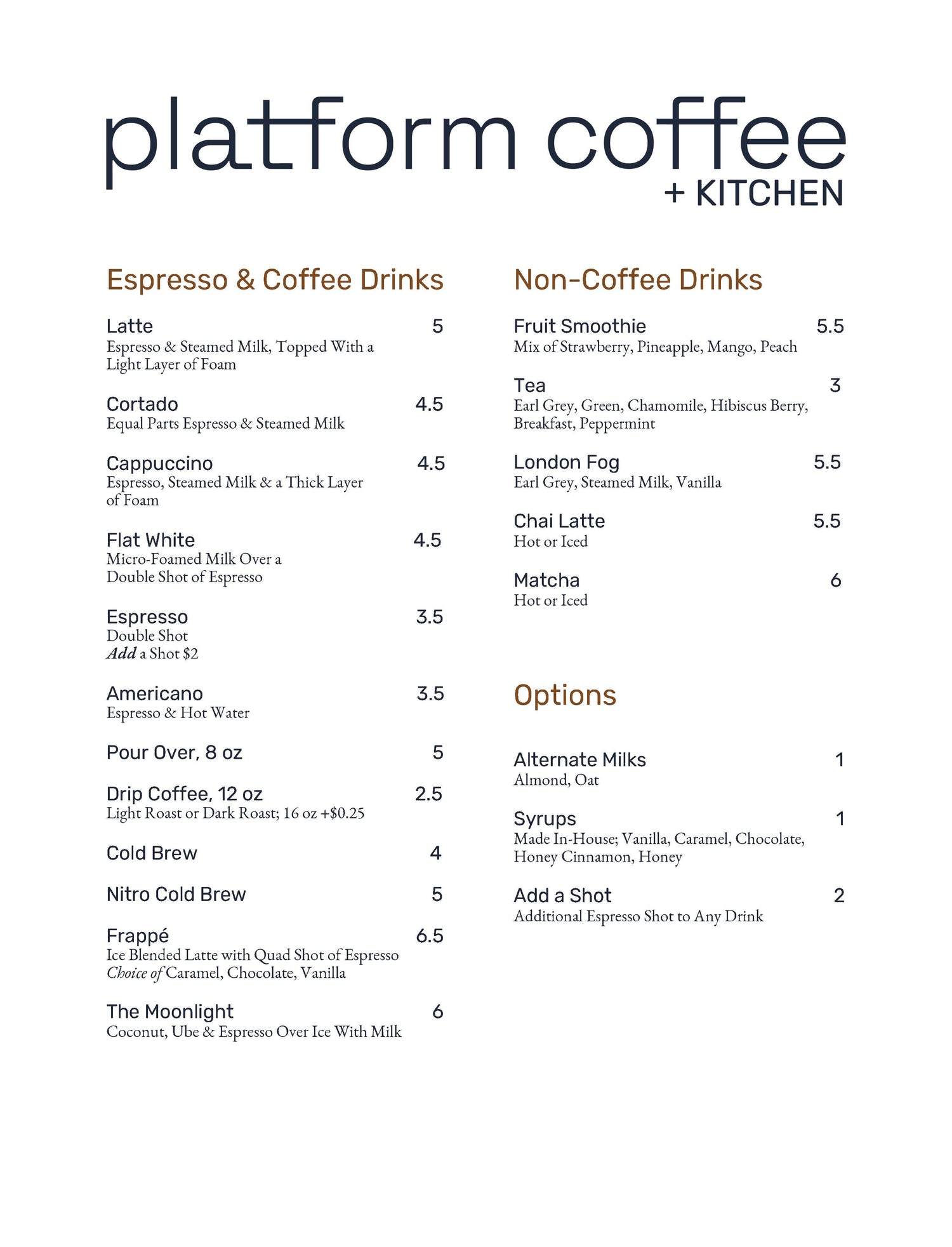 Menu – Platform Coffee Roasting
