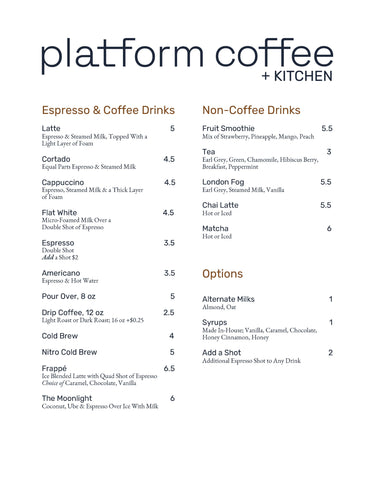 Menu – Platform Coffee Roasting