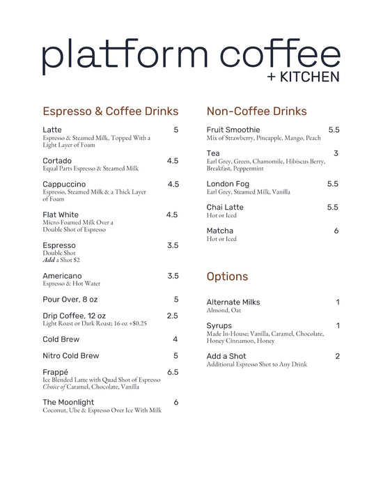 Menu – Platform Coffee Roasting