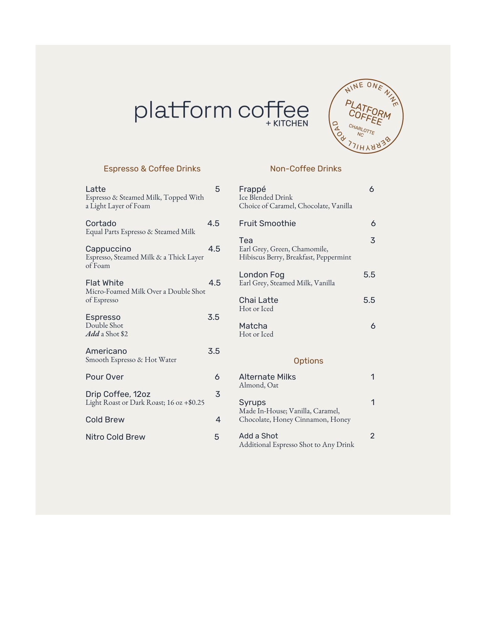Menu – Platform Coffee