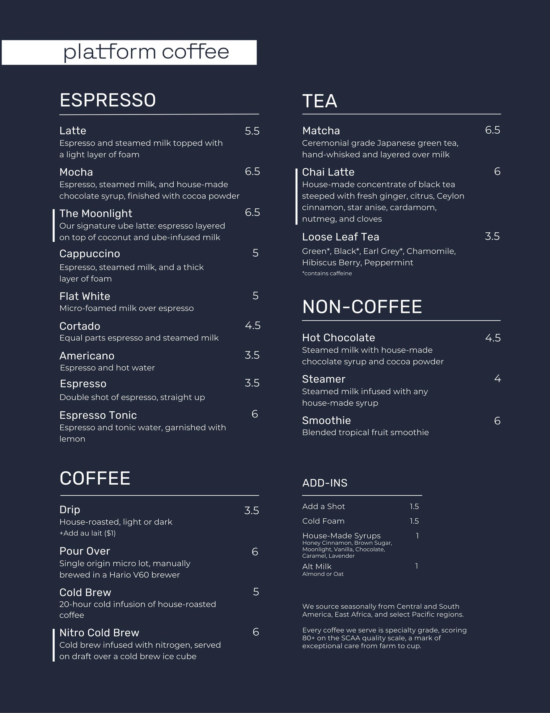 Menu – Platform Coffee Roasting